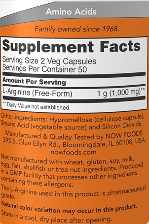 NOW Foods L-Arginine 500 mg 100 Veg Capsules - Supplement Factory